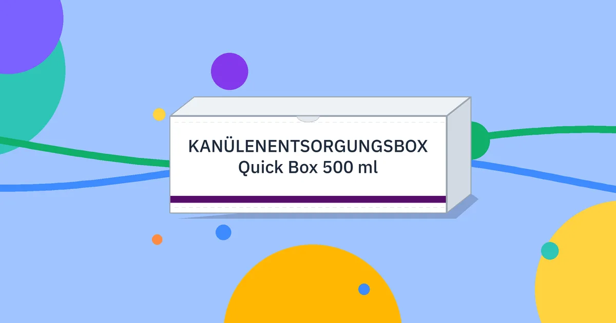 Symbolbild: Packung mit der Aufschrift KANÜLENENTSORGUNGSBOX Quick Box 500 ml (PZN 09618463) – Verfügbarkeit und Bezug in Apotheken in Frankfurt am Main