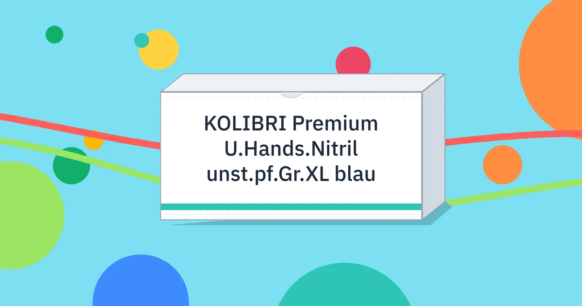 Symbolbild: Packung mit der Aufschrift KOLIBRI Premium U.Hands.Nitril unst.pf.Gr.XL blau (PZN 15564671) – Verfügbarkeit und Bezug in Apotheken in Frankfurt am Main