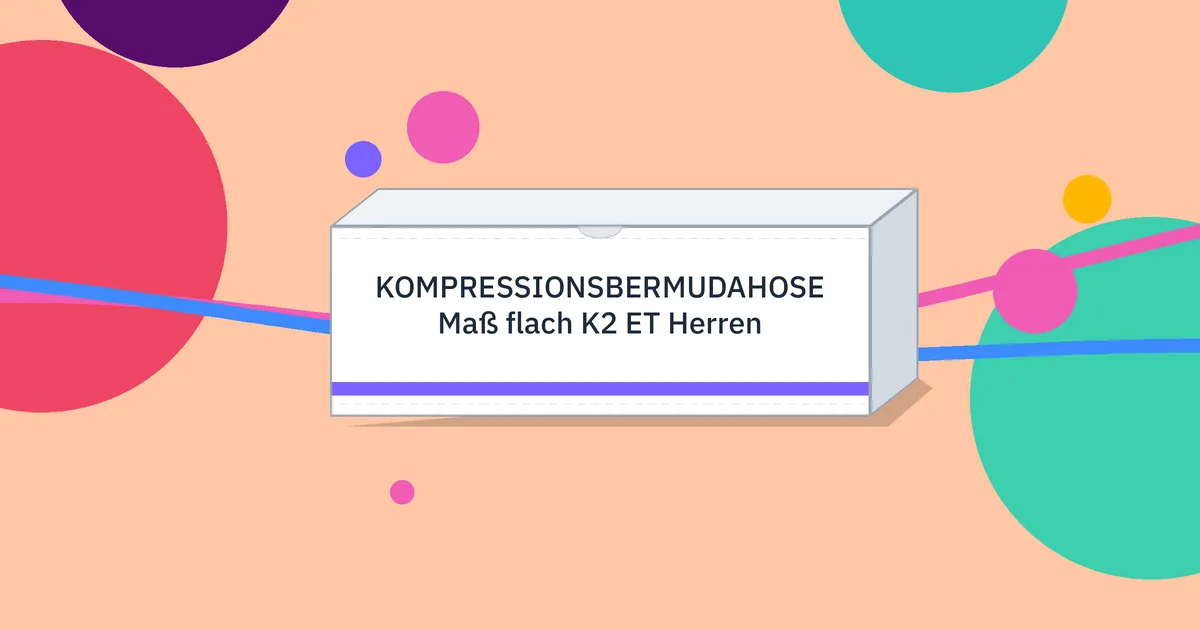 Symbolbild: Packung mit der Aufschrift KOMPRESSIONSBERMUDAHOSE Maß flach K2 ET Herren (PZN 16746003) – Verfügbarkeit und Bezug in Apotheken in Frankfurt am Main