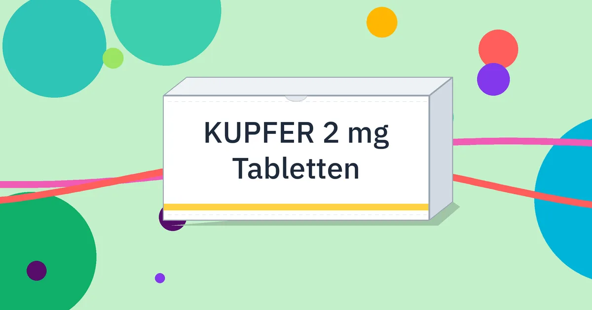 Symbolbild: Packung mit der Aufschrift KUPFER 2 mg Tabletten (PZN 14289257) – Verfügbarkeit und Bezug in Apotheken in Frankfurt am Main