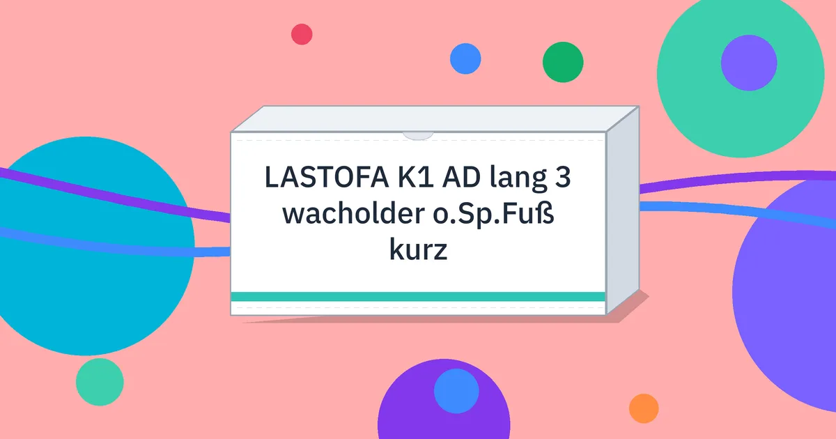 Symbolbild: Packung mit der Aufschrift LASTOFA K1 AD lang 3 wacholder o.Sp.Fuß kurz (PZN 13787071) – Verfügbarkeit und Bezug in Apotheken in Frankfurt am Main