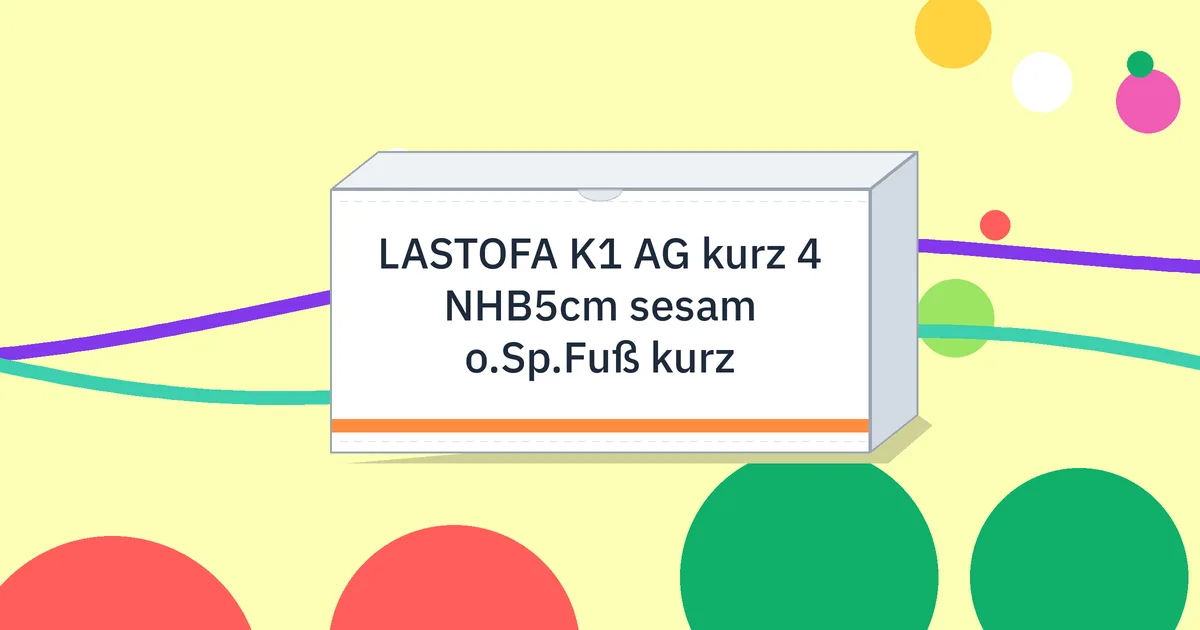 Symbolbild: Packung mit der Aufschrift LASTOFA K1 AG kurz 4 NHB5cm sesam o.Sp.Fuß kurz (PZN 13792528) – Verfügbarkeit und Bezug in Apotheken in Frankfurt am Main