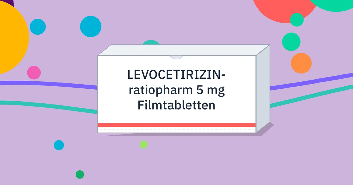 Symbolbild: Packung mit der Aufschrift LEVOCETIRIZIN-ratiopharm 5 mg Filmtabletten (PZN 15197758) – Verfügbarkeit und Bezug in Apotheken in Frankfurt am Main