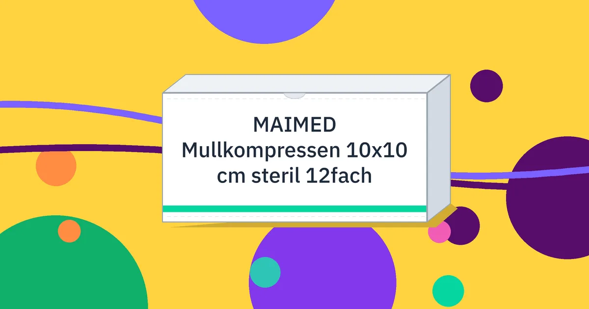 Symbolbild: Packung mit der Aufschrift MAIMED Mullkompressen 10x10 cm steril 12fach (PZN 03188228) – Verfügbarkeit und Bezug in Apotheken in Frankfurt am Main