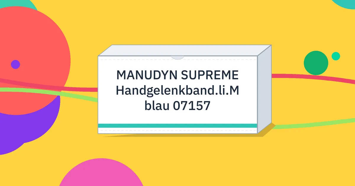 Symbolbild: Packung mit der Aufschrift MANUDYN SUPREME Handgelenkband.li.M blau 07157 (PZN 16930965) – Verfügbarkeit und Bezug in Apotheken in Frankfurt am Main