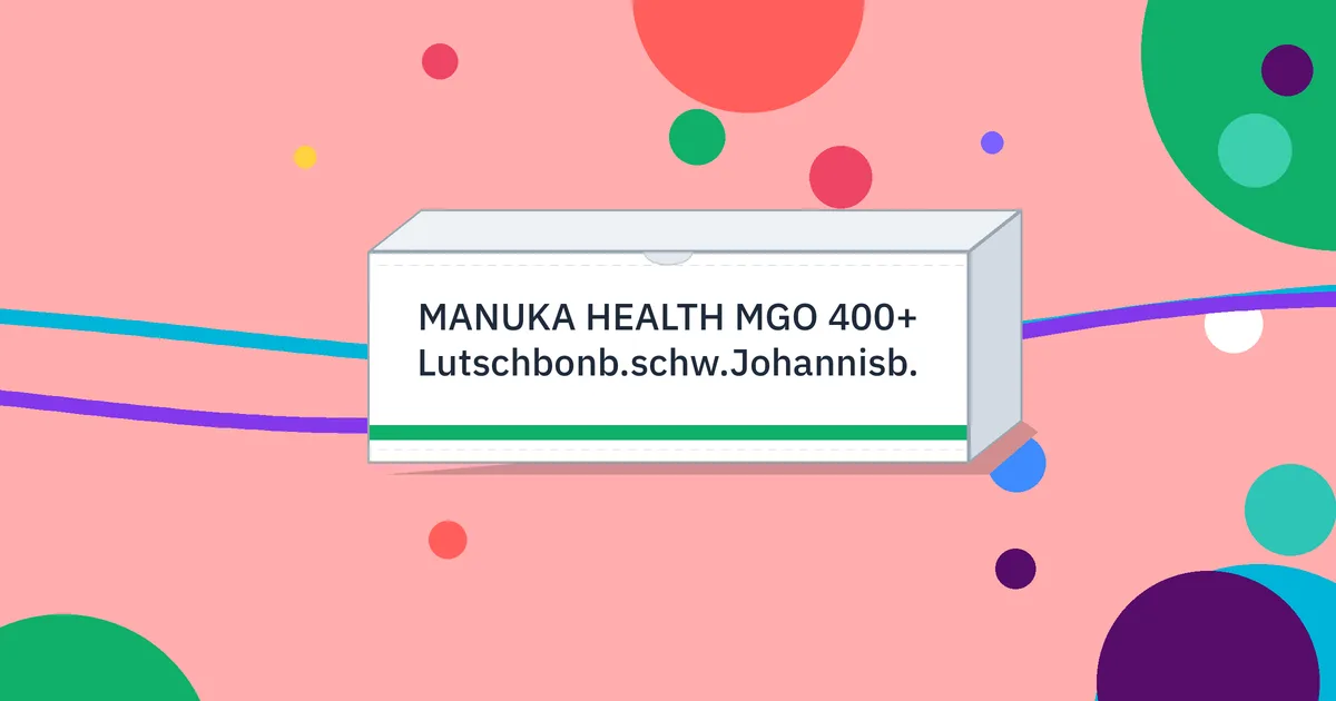 Symbolbild: Packung mit der Aufschrift MANUKA HEALTH MGO 400+ Lutschbonb.schw.Johannisb. (PZN 15874928) – Verfügbarkeit und Bezug in Apotheken in Frankfurt am Main