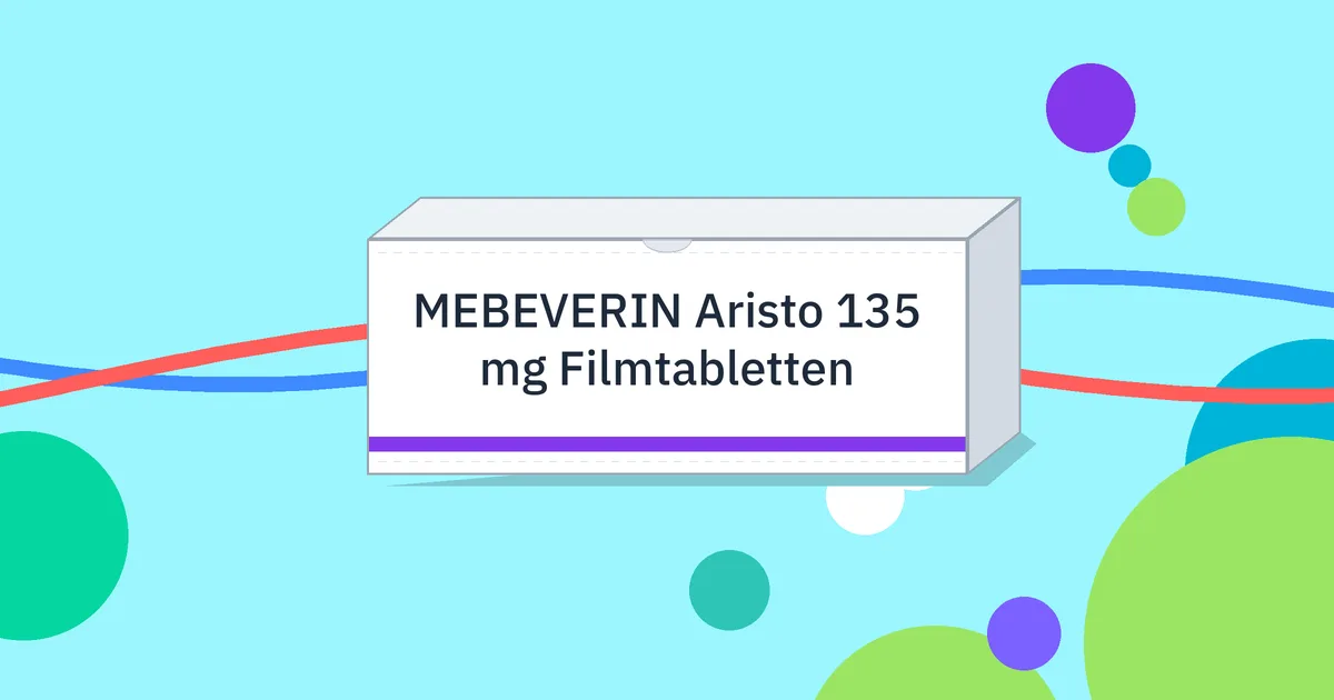 Symbolbild: Packung mit der Aufschrift MEBEVERIN Aristo 135 mg Filmtabletten (PZN 15736356) – Verfügbarkeit und Bezug in Apotheken in Frankfurt am Main