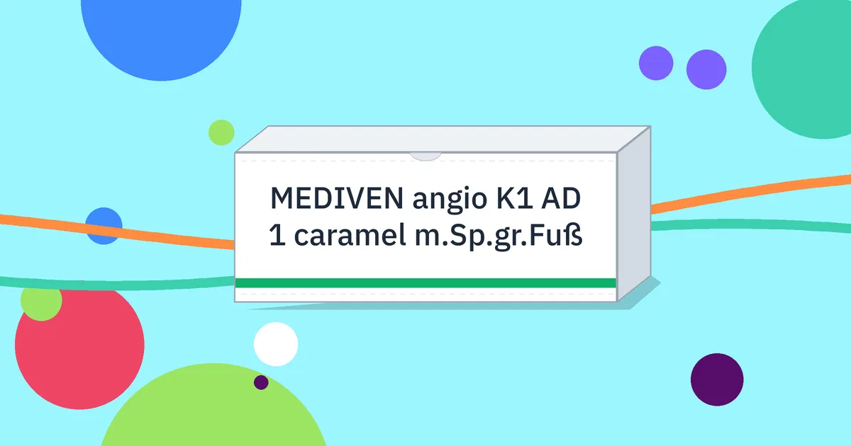 Symbolbild: Packung mit der Aufschrift MEDIVEN angio K1 AD 1 caramel m.Sp.gr.Fuß (PZN 17210026) – Verfügbarkeit und Bezug in Apotheken in Frankfurt am Main