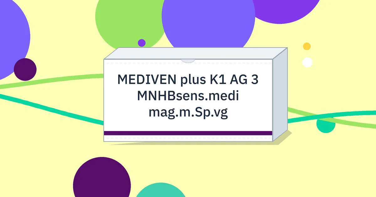 Symbolbild: Packung mit der Aufschrift MEDIVEN plus K1 AG 3 MNHBsens.medi mag.m.Sp.vg (PZN 15917483) – Verfügbarkeit und Bezug in Apotheken in Frankfurt am Main