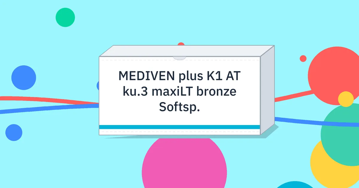 Symbolbild: Packung mit der Aufschrift MEDIVEN plus K1 AT ku.3 maxiLT bronze Softsp. (PZN 15069813) – Verfügbarkeit und Bezug in Apotheken in Frankfurt am Main