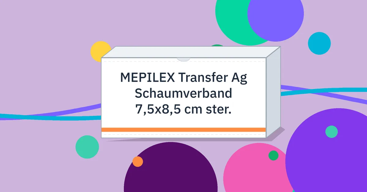 Symbolbild: Packung mit der Aufschrift MEPILEX Transfer Ag Schaumverband 7,5x8,5 cm ster. (PZN 11353032) – Verfügbarkeit und Bezug in Apotheken in Frankfurt am Main