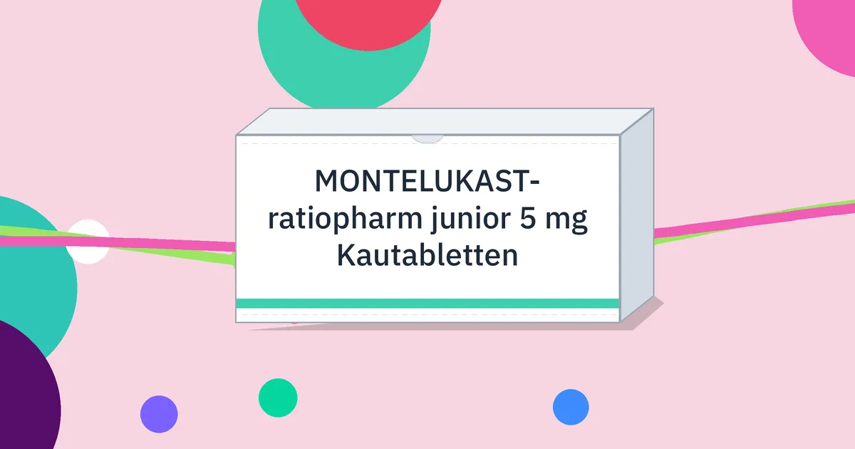 Symbolbild: Packung mit der Aufschrift MONTELUKAST-ratiopharm junior 5 mg Kautabletten (PZN 09326275) – Verfügbarkeit und Bezug in Apotheken in Frankfurt am Main