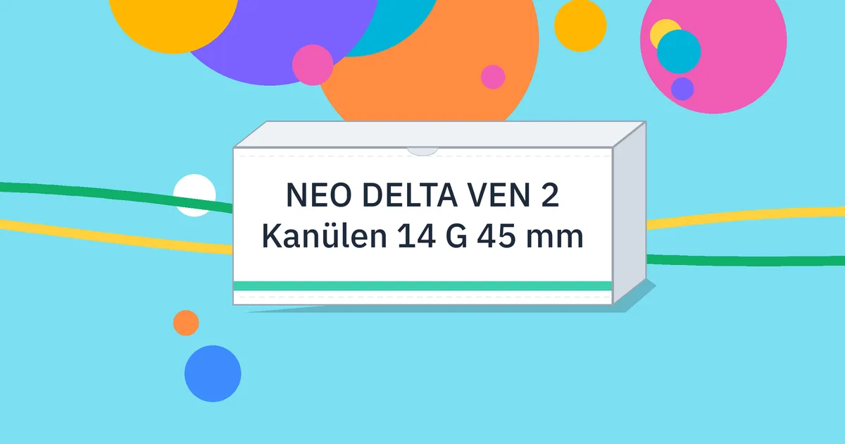Symbolbild: Packung mit der Aufschrift NEO DELTA VEN 2 Kanülen 14 G 45 mm (PZN 07758094) – Verfügbarkeit und Bezug in Apotheken in Frankfurt am Main