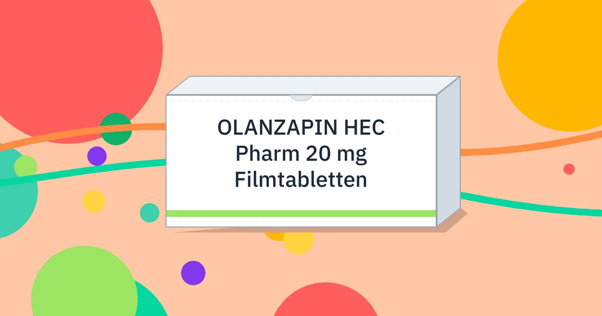 Symbolbild: Packung mit der Aufschrift OLANZAPIN HEC Pharm 20 mg Filmtabletten (PZN 11882925) – Verfügbarkeit und Bezug in Apotheken in Frankfurt am Main