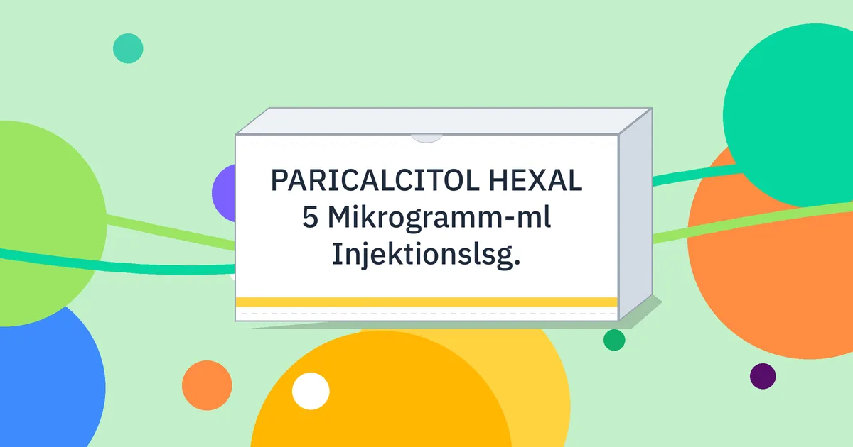 Symbolbild: Packung mit der Aufschrift PARICALCITOL HEXAL 5 Mikrogramm-ml Injektionslsg. (PZN 18497389) – Verfügbarkeit und Bezug in Apotheken in Frankfurt am Main