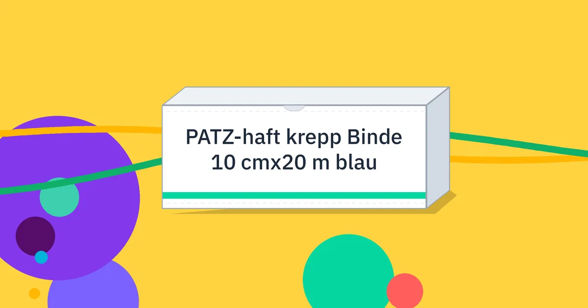 Symbolbild: Packung mit der Aufschrift PATZ-haft krepp Binde 10 cmx20 m blau (PZN 06814790) – Verfügbarkeit und Bezug in Apotheken in Frankfurt am Main