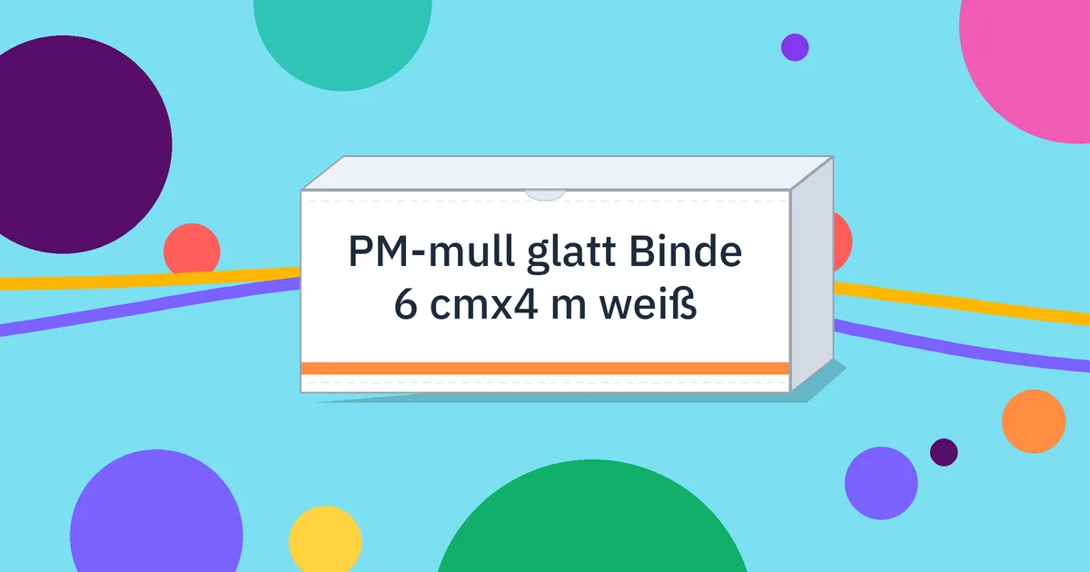 Symbolbild: Packung mit der Aufschrift PM-mull glatt Binde 6 cmx4 m weiß (PZN 18845123) – Verfügbarkeit und Bezug in Apotheken in Frankfurt am Main