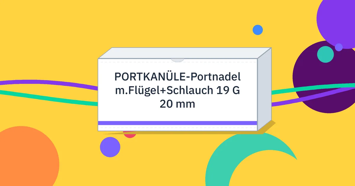 Symbolbild: Packung mit der Aufschrift PORTKANÜLE-Portnadel m.Flügel+Schlauch 19 G 20 mm (PZN 10010695) – Verfügbarkeit und Bezug in Apotheken in Frankfurt am Main