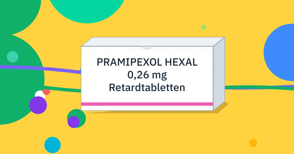 Symbolbild: Packung mit der Aufschrift PRAMIPEXOL HEXAL 0,26 mg Retardtabletten (PZN 08454858) – Verfügbarkeit und Bezug in Apotheken in Frankfurt am Main