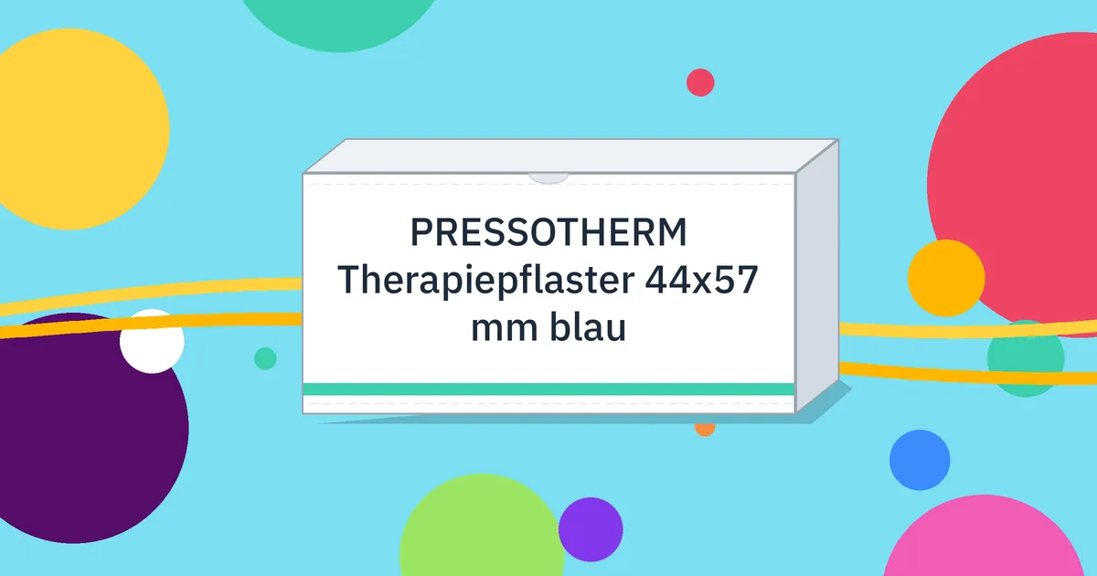 Symbolbild: Packung mit der Aufschrift PRESSOTHERM Therapiepflaster 44x57 mm blau (PZN 11109970) – Verfügbarkeit und Bezug in Apotheken in Frankfurt am Main
