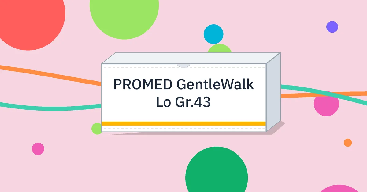 Symbolbild: Packung mit der Aufschrift PROMED GentleWalk Lo Gr.43 (PZN 07290142) – Verfügbarkeit und Bezug in Apotheken in Frankfurt am Main