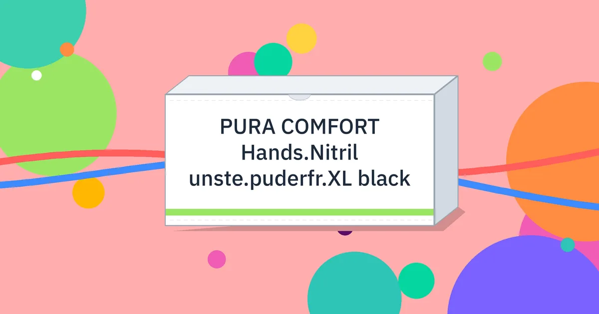 Symbolbild: Packung mit der Aufschrift PURA COMFORT Hands.Nitril unste.puderfr.XL black (PZN 15432981) – Verfügbarkeit und Bezug in Apotheken in Frankfurt am Main