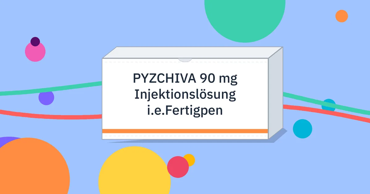 Symbolbild: Packung mit der Aufschrift PYZCHIVA 90 mg Injektionslösung i.e.Fertigpen (PZN 20055977) – Verfügbarkeit und Bezug in Apotheken in Frankfurt am Main