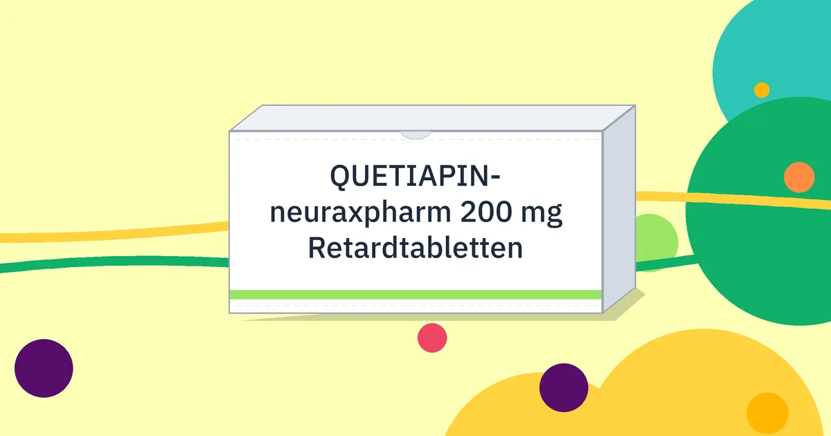 Symbolbild: Packung mit der Aufschrift QUETIAPIN-neuraxpharm 200 mg Retardtabletten (PZN 09445821) – Verfügbarkeit und Bezug in Apotheken in Frankfurt am Main