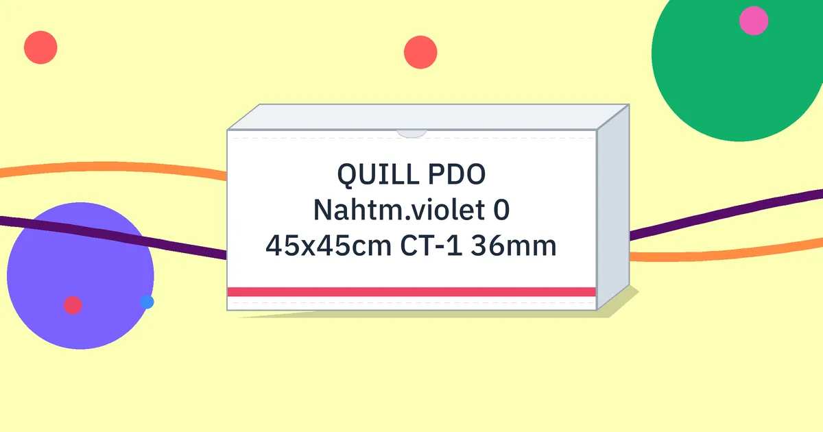 Symbolbild: Packung mit der Aufschrift QUILL PDO Nahtm.violet 0 45x45cm CT-1 36mm (PZN 17989802) – Verfügbarkeit und Bezug in Apotheken in Frankfurt am Main