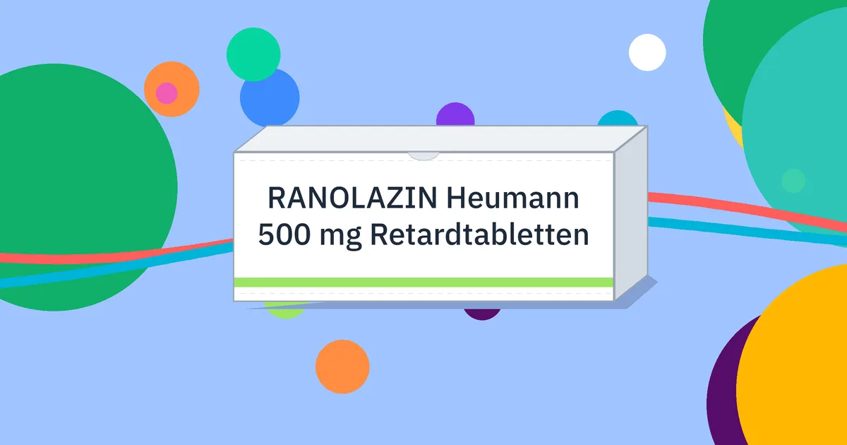 Symbolbild: Packung mit der Aufschrift RANOLAZIN Heumann 500 mg Retardtabletten (PZN 18219532) – Verfügbarkeit und Bezug in Apotheken in Frankfurt am Main
