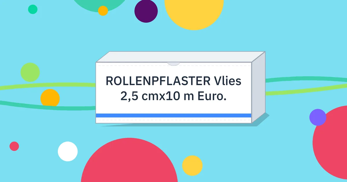 Symbolbild: Packung mit der Aufschrift ROLLENPFLASTER Vlies 2,5 cmx10 m Euro. (PZN 10068370) – Verfügbarkeit und Bezug in Apotheken in Frankfurt am Main
