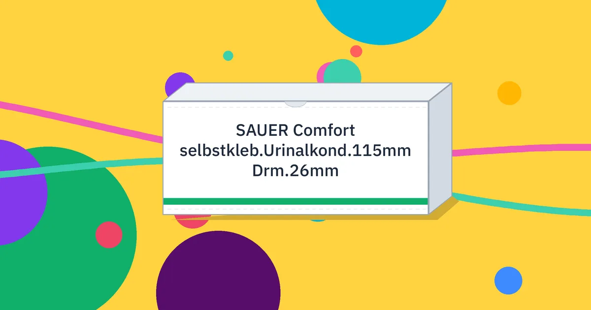 Symbolbild: Packung mit der Aufschrift SAUER Comfort selbstkleb.Urinalkond.115mm Drm.26mm (PZN 00464337) – Verfügbarkeit und Bezug in Apotheken in Frankfurt am Main