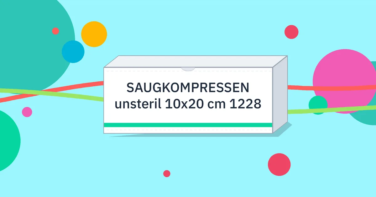 Symbolbild: Packung mit der Aufschrift SAUGKOMPRESSEN unsteril 10x20 cm 1228 (PZN 16623192) – Verfügbarkeit und Bezug in Apotheken in Frankfurt am Main