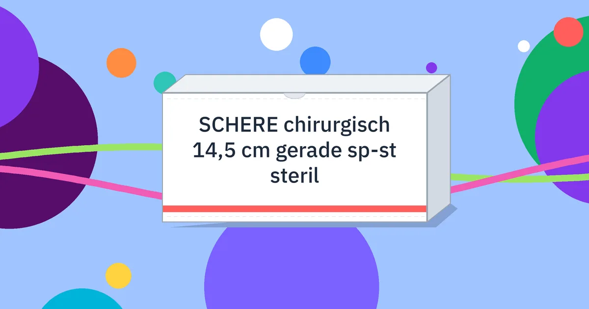 Symbolbild: Packung mit der Aufschrift SCHERE chirurgisch 14,5 cm gerade sp-st steril (PZN 19978174) – Verfügbarkeit und Bezug in Apotheken in Frankfurt am Main