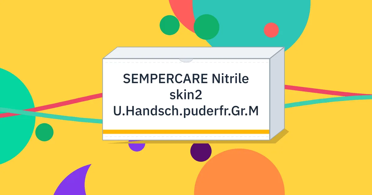 Symbolbild: Packung mit der Aufschrift SEMPERCARE Nitrile skin2 U.Handsch.puderfr.Gr.M (PZN 07418607) – Verfügbarkeit und Bezug in Apotheken in Frankfurt am Main