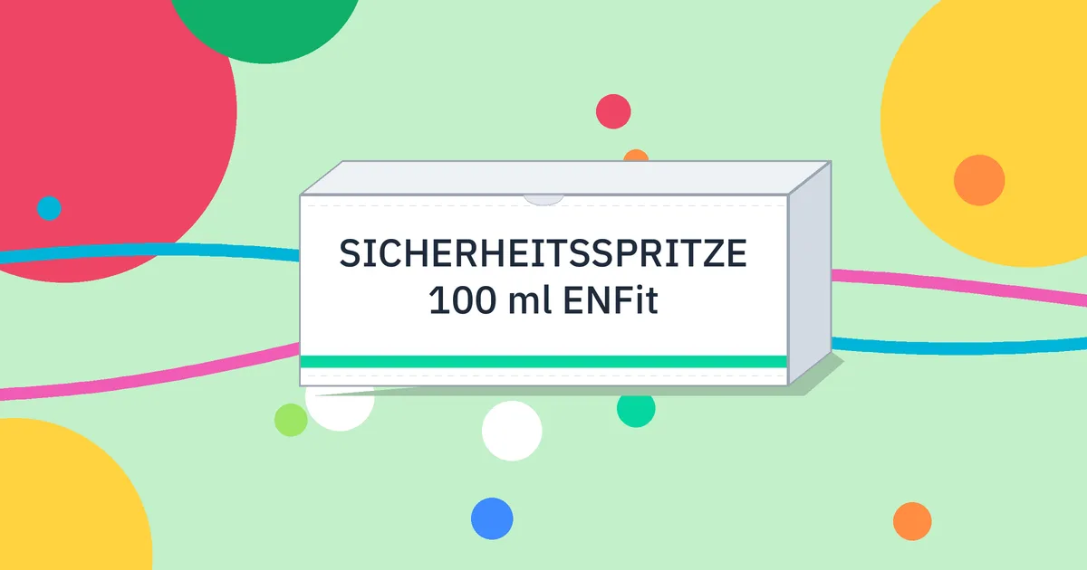 Symbolbild: Packung mit der Aufschrift SICHERHEITSSPRITZE 100 ml ENFit (PZN 13229862) – Verfügbarkeit und Bezug in Apotheken in Frankfurt am Main