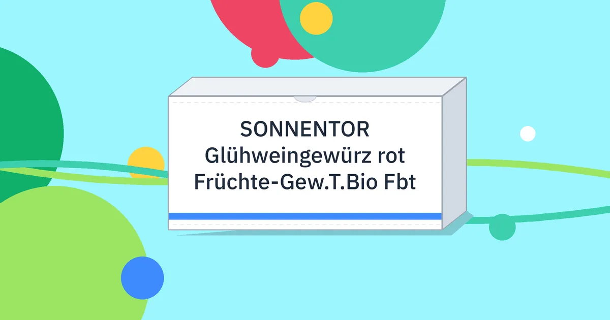 Symbolbild: Packung mit der Aufschrift SONNENTOR Glühweingewürz rot Früchte-Gew.T.Bio Fbt (PZN 18902803) – Verfügbarkeit und Bezug in Apotheken in Frankfurt am Main