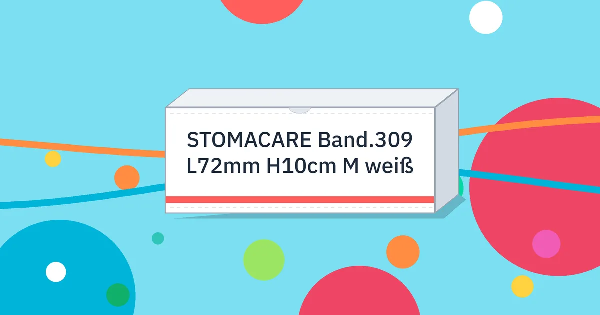 Symbolbild: Packung mit der Aufschrift STOMACARE Band.309 L72mm H10cm M weiß (PZN 03415747) – Verfügbarkeit und Bezug in Apotheken in Frankfurt am Main