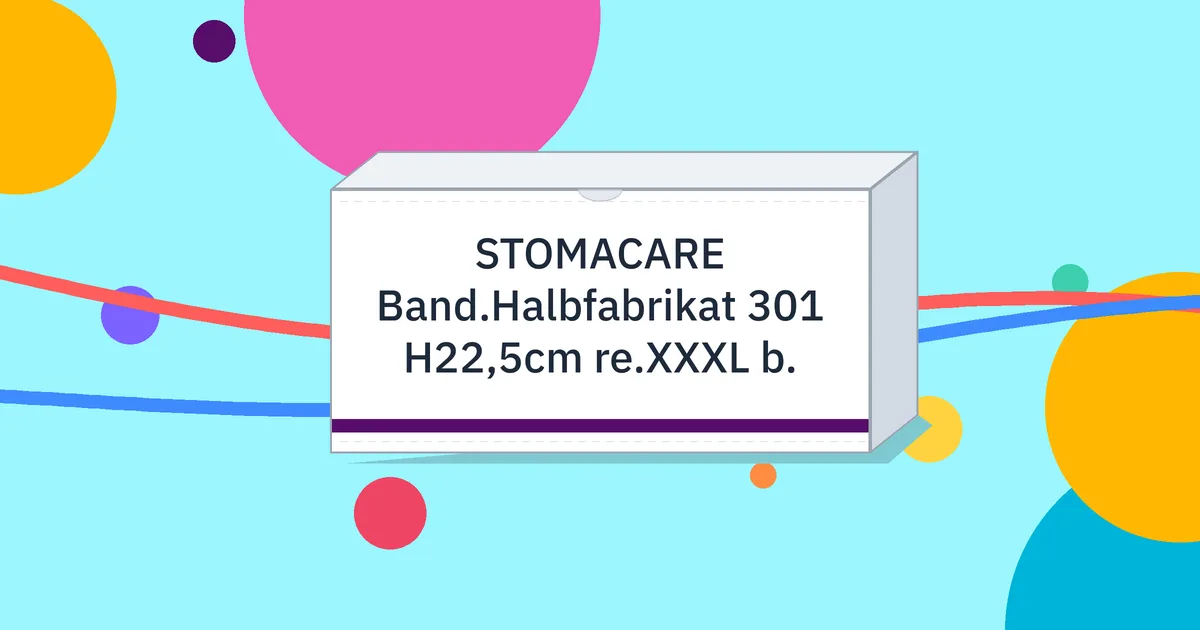 Symbolbild: Packung mit der Aufschrift STOMACARE Band.Halbfabrikat 301 H22,5cm re.XXXL b. (PZN 07664140) – Verfügbarkeit und Bezug in Apotheken in Frankfurt am Main