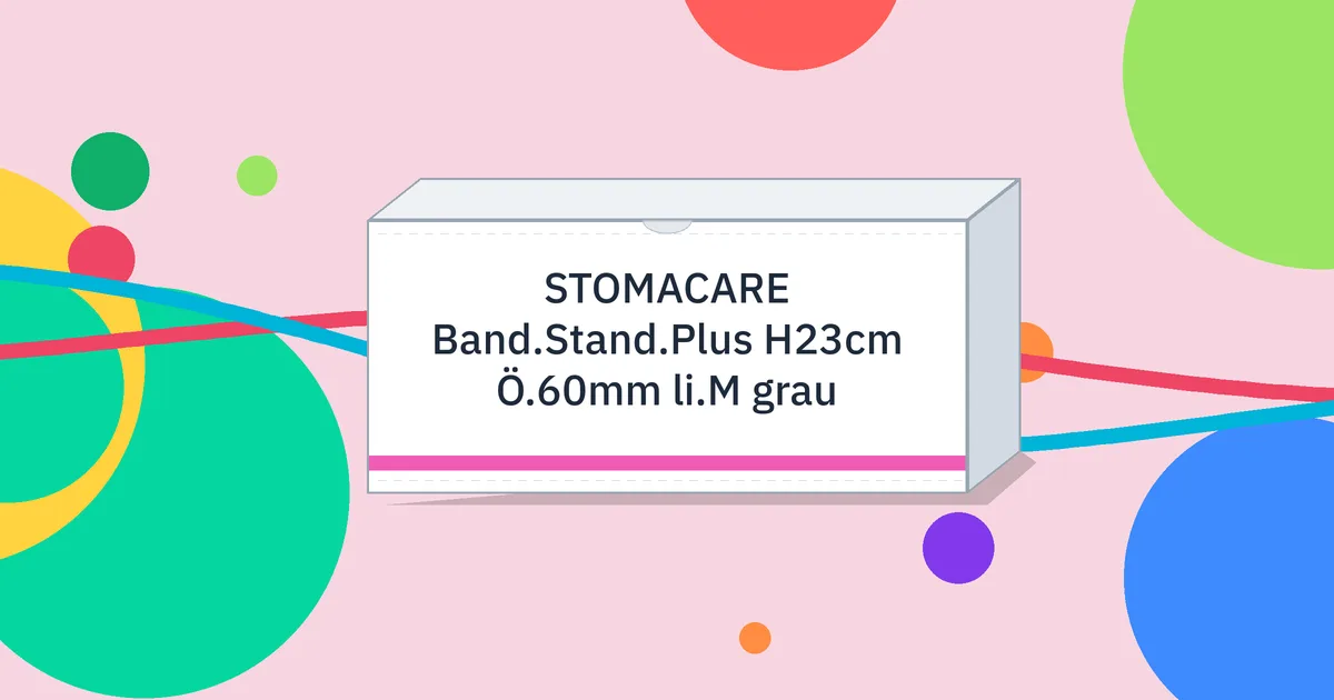 Symbolbild: Packung mit der Aufschrift STOMACARE Band.Stand.Plus H23cm Ö.60mm li.M grau (PZN 16750795) – Verfügbarkeit und Bezug in Apotheken in Frankfurt am Main