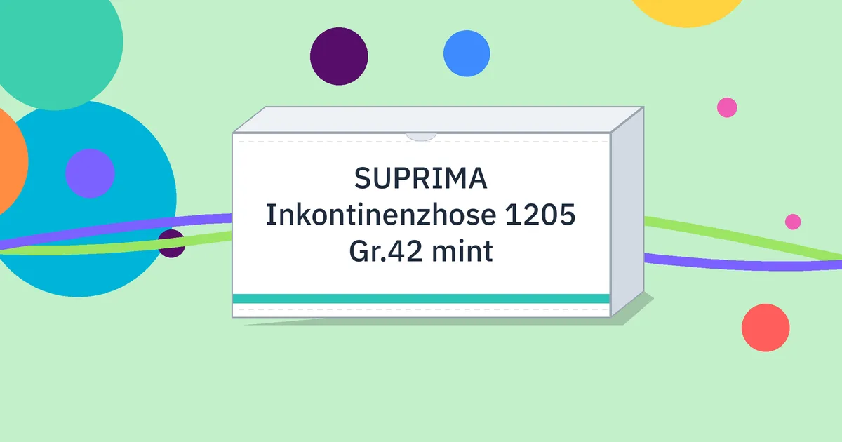 Symbolbild: Packung mit der Aufschrift SUPRIMA Inkontinenzhose 1205 Gr.42 mint (PZN 07631459) – Verfügbarkeit und Bezug in Apotheken in Frankfurt am Main