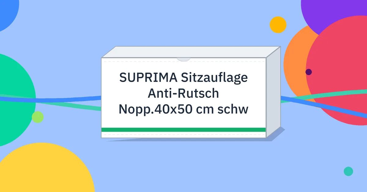 Symbolbild: Packung mit der Aufschrift SUPRIMA Sitzauflage Anti-Rutsch Nopp.40x50 cm schw (PZN 07241327) – Verfügbarkeit und Bezug in Apotheken in Frankfurt am Main