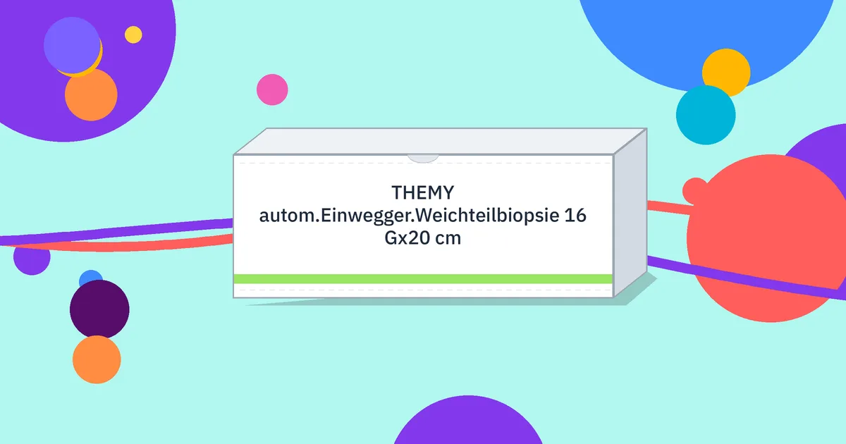 Symbolbild: Packung mit der Aufschrift THEMY autom.Einwegger.Weichteilbiopsie 16 Gx20 cm (PZN 19737370) – Verfügbarkeit und Bezug in Apotheken in Frankfurt am Main