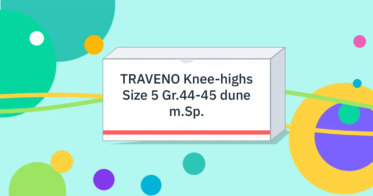 Symbolbild: Packung mit der Aufschrift TRAVENO Knee-highs Size 5 Gr.44-45 dune m.Sp. (PZN 17602973) – Verfügbarkeit und Bezug in Apotheken in Frankfurt am Main