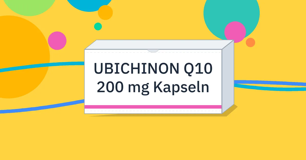 Symbolbild: Packung mit der Aufschrift UBICHINON Q10 200 mg Kapseln (PZN 12343716) – Verfügbarkeit und Bezug in Apotheken in Frankfurt am Main