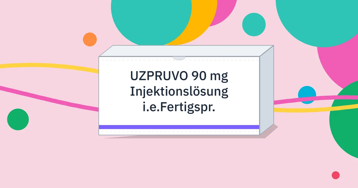 Symbolbild: Packung mit der Aufschrift UZPRUVO 90 mg Injektionslösung i.e.Fertigspr. (PZN 19754842) – Verfügbarkeit und Bezug in Apotheken in Frankfurt am Main