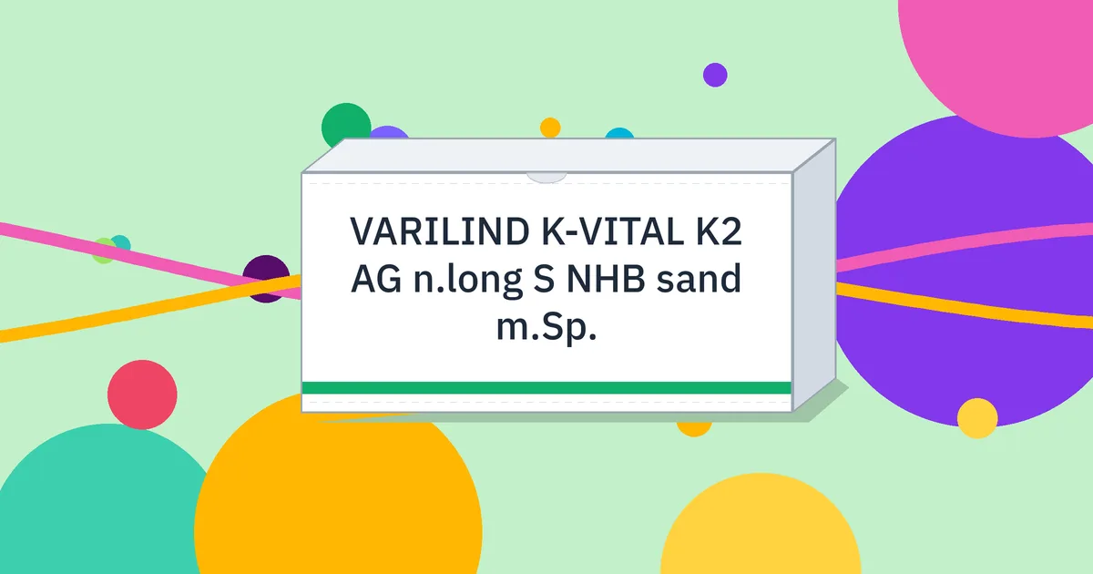 Symbolbild: Packung mit der Aufschrift VARILIND K-VITAL K2 AG n.long S NHB sand m.Sp. (PZN 20564259) – Verfügbarkeit und Bezug in Apotheken in Frankfurt am Main