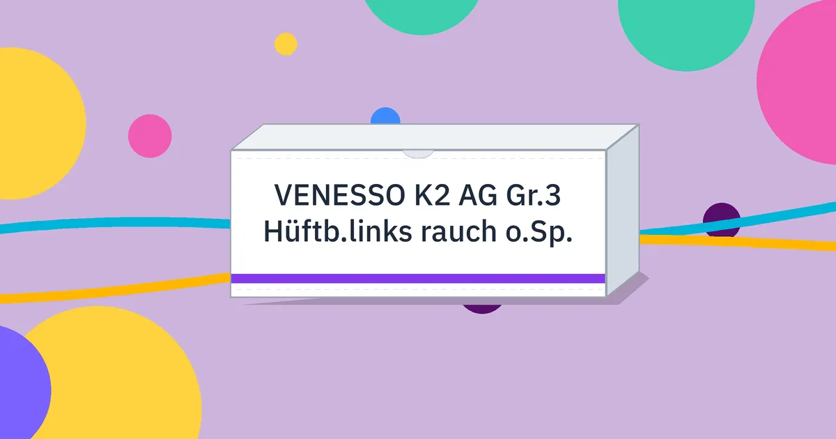 Symbolbild: Packung mit der Aufschrift VENESSO K2 AG Gr.3 Hüftb.links rauch o.Sp. (PZN 03269292) – Verfügbarkeit und Bezug in Apotheken in Frankfurt am Main