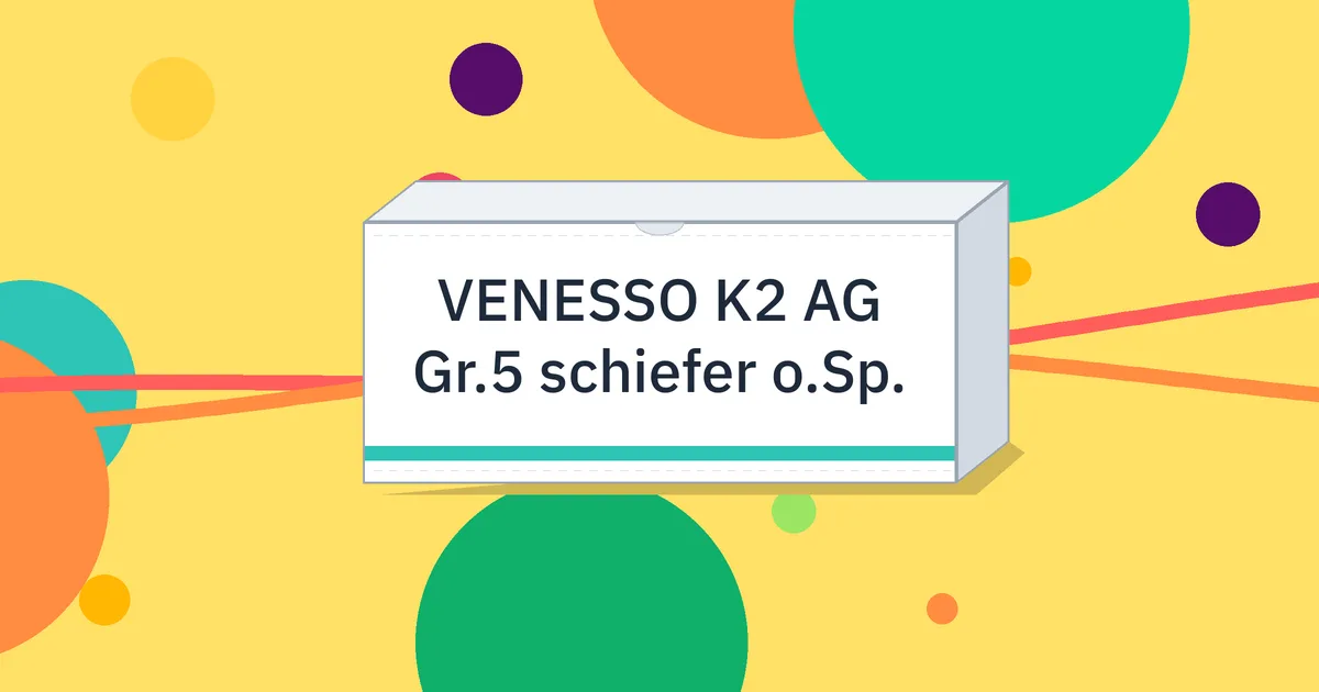 Symbolbild: Packung mit der Aufschrift VENESSO K2 AG Gr.5 schiefer o.Sp. (PZN 03280158) – Verfügbarkeit und Bezug in Apotheken in Frankfurt am Main