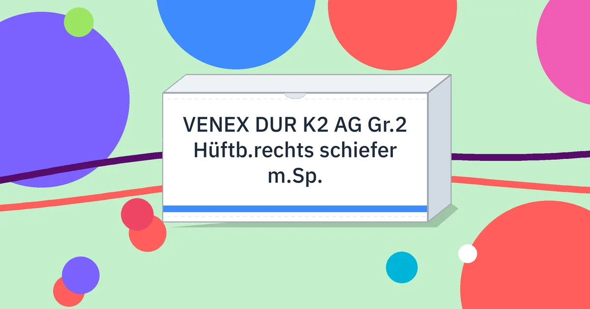 Symbolbild: Packung mit der Aufschrift VENEX DUR K2 AG Gr.2 Hüftb.rechts schiefer m.Sp. (PZN 03229068) – Verfügbarkeit und Bezug in Apotheken in Frankfurt am Main
